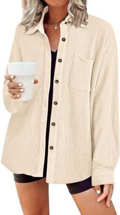 Zeagoo Chemise pour Femme Hauts en Maille Gaufr&eacute;e pour Femme Couleur Unie Chemise &Eacute;l&eacute;gante Col en V Tunique Manches Longues avec Boutons Blouses D&eacute;contract&eacute;e