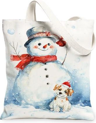 Generic Sac fourre-tout en toile motif bonhomme de neige et chiot, sac de courses r&eacute;utilisable, fantaisie, festif, l&eacute;ger, lavable, Blanc, 13x15 Inch