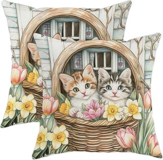 Generic Niedliche Katzenkissenbezüge, buntes Frühlingsblumen-Design, dekorative Kissenbezüge für den Außenbereich, Bauernhaus-Dekoration, Kissen für Zuhause, 