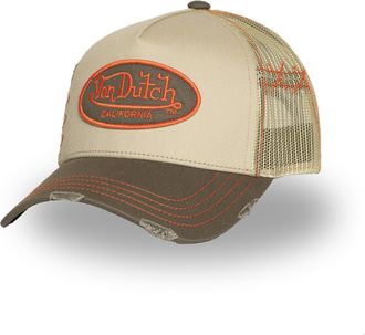 Von Dutch Trucker-Kappe mit Netz für Erwachsene, Used-Look und gestickter Aufnäher, Beige/Orange/Khaki, One size