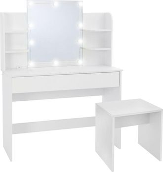 ECD Germany Ecd Germany - Schminktisch Set, Frisiertisch mit Hocker, Kosmetiktisch mit Spiegel, LED-Beleuchtung, 1 Schublade und 4 Fächern, 108x40x140 cm, Weiß