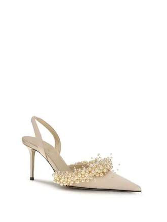 Mach & Mach Womens Slingback Pumps With Pearls Golden Silk High Heel Shoes