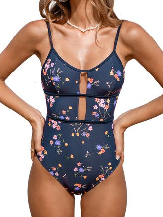Cupshe Damen Badeanzug U Ausschnitt Riemendetail Zierausschnite Tiefer R&uuml;ckenausschnitt Blumenmuster Figurformend Einteilige Bademode Swimsuit Dunkelblau/Blu