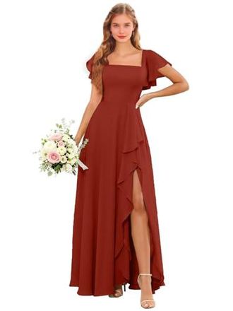 Generic Robe de demoiselle dhonneur à manches courtes en mousseline de soie avec fente et col carré, robe dinvitée de mariage, robe formelle pour mariage, rou