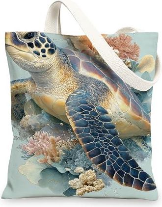 Generic Sacs fourre-tout artistiques en toile, motif tortue de mer, sacs dépicerie réutilisables, légers et lavables avec bandoulière, bleu, 13x15 Inch