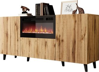 Mirjan24 Kommode Vailbo 180 mit Elektrischem Kamin, Mehrzweckschrank mit 3 T&uuml;ren, Realistische LED-Flamme, Anrichte, Highboard, Sideboard, Mit Deko-Kristallen,