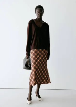 Mango Jupe midi carreaux marron - Femme - XS - MANGO