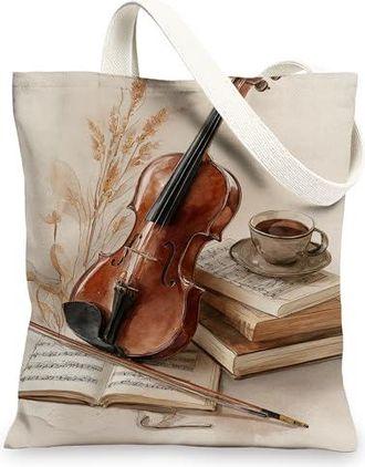 Generic Sacs fourre-tout artistiques en toile, motif violon vintage, sacs de courses réutilisables, légers et lavables pour voyage, plage, pique-nique, beige,