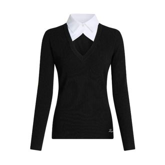 Karl Lagerfeld Femme, Pulls, Noir, Taille: 40 FR Polo en maille &agrave; col contrastant