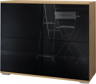 Vladon Kommode Rova V3, Moderner K&uuml;chenschrank mit 4 Push-to-Open T&uuml;ren Eiche Evoke/Schwarz Hochglanz (92,5 x 75.5 x 35)