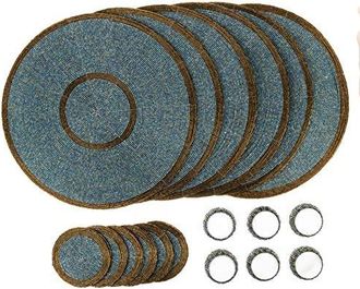 Penguin Home Set mit 18 Glasperlen-Platzsets, Untersetzern und Serviettenringen -Aqua und Antik Gold Farbe -Runde Tischsets -handgefertigt von erfahrenen indischen