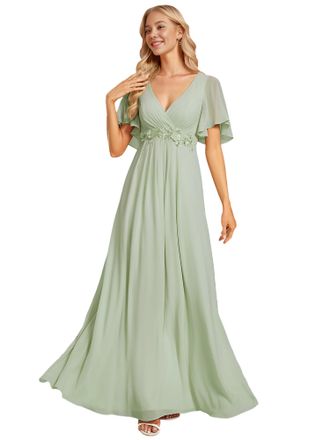 Ever-pretty Damen Abendkleid Lang Elegant für Hochzeit Appliziertes V-Ausschnitt A-Linie Ballkleider Chiffon Brautjungferkleider Minzgrün 56