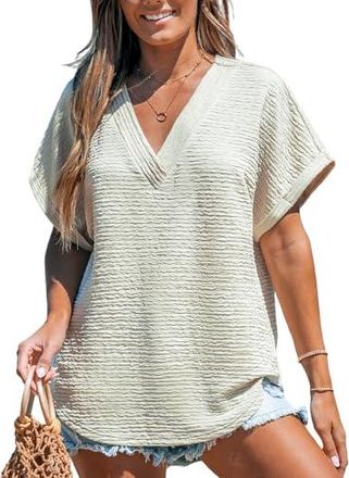 Cupshe T-shirt dété décontracté à manches courtes et col en V pour femme, beige clair, L