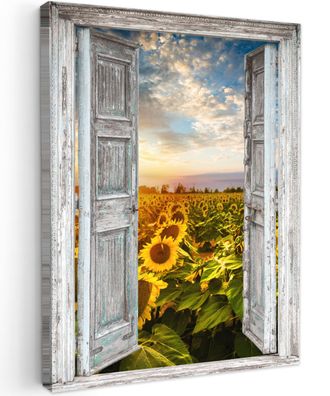 MuchoWow © Wandbilder 50x70 cm Schlafzimmer Home Deko Wohnung Bild Wohnzimmer Fotoleinwand Wand Bilder Leinwand Wall Decor Fensterblick - Sonnenblume - Blumen 