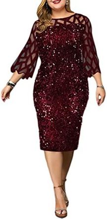 Minetom Femmes Manches 3/4 Lâche Grande Taille Robes Elégante Paillettes Au Genou Robe de Soirée Cérémonie Cocktail Mariage A Bordeaux XXL