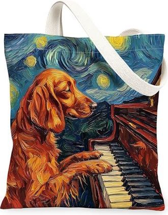 Generic Sac fourre-tout en toile motif chien Setter irlandais 33 x 38,1 cm, motif piano &eacute;toil&eacute;, sac d&eacute;picerie r&eacute;utilisable pour femme, animal de compagnie, ch