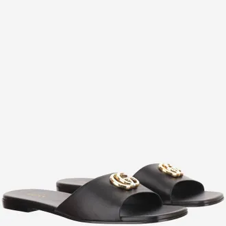 Gucci Womens Slider Sandals With Logo Black Leather Lambskin