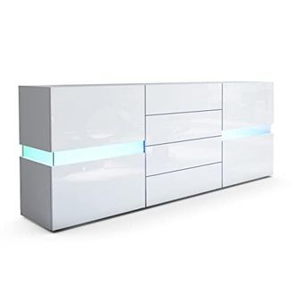 Vladon Sideboard Flow, Blanc Mat/Blanc Haute Brillance y Compris LED - Commode Moderne avec vitrage Ambient Light pour Votre Espace de Vie (177 x 75 x 39 cm)