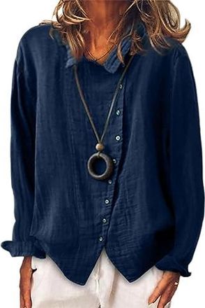Onsoyours Chemisier pour Femme Haut à Manches Longues en Lin de Coton Ample T-Shirt Couleur Unie Tops Décontractés A Bleu S
