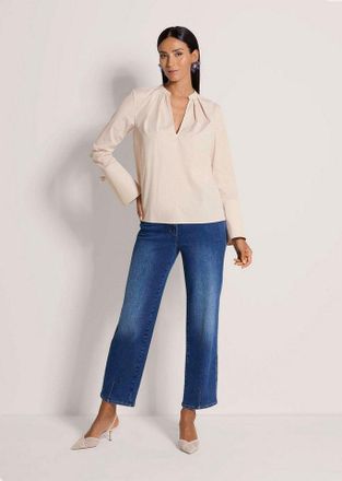 Madeleine Langarmbluse Blusenshirt mit Streifendesign Baumwollbluse mit Rundhalsblende mit V-Ausschnitt und Langarm