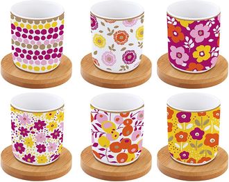 Easy Life Ensemble de 6 tasses à café en porcelaine 110 ml et soucoupes en bambou dans une boîte cadeau FLOWER POWER JAUNE