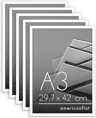Americanflat Din A3 Bilderrahmen Set aus Kunststoff (5er Pack) - schmaler Fotorahmen mit poliertem Plexiglas - integrierte Aufh&auml;ngung f&uuml;r Hoch- und Querformat - We