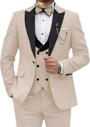 Generic Costume 3 pièces élégant en velours pour homme, coupe ajustée, revers à visière, smoking, veste de dîner, gilet et pantalon, beige, 7XL