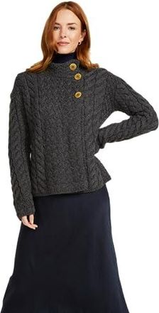 Aran Woollen Mills Pull Cardigan Asymétrique en Laine Mérinos Irlandaise Multi Torsadée (Gris Ardoise, S)
