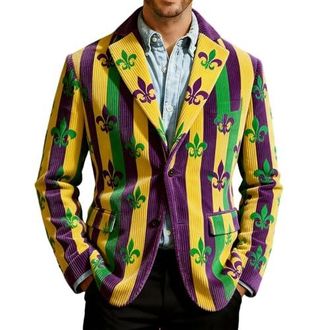 Generic Veste de costume pour homme en velours c&ocirc;tel&eacute; imprim&eacute; multicolore - Costume de carnaval - Motif Mardi Gras - Blazer - Tenue de f&ecirc;te - Vintage - Veste 