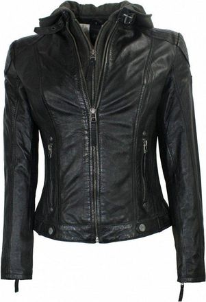 Mauritius Lederjacke Gipsy - Damen Lederjacke Kapuze Lammnappa schwarz Natur gegerbt