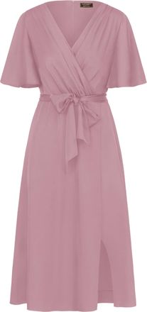 Apart Fashion Damen Midikleid aus Satin, Wickelkleid mit V-Ausschnitt, kurze Volantärmel, Gürtel mit hoher Taille, fließender A-Linien-Rock, Abendliches Partykleid,