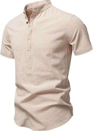 Generic Chemise d&eacute;t&eacute; en coton et lin &agrave; manches courtes pour homme - Col montant - Col montant - Tendance - Col en V - L&eacute;ger et respirant, abricot, XXL