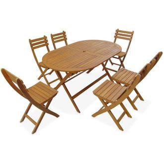 Sweeek Garten-Essgruppe aus Holz, ovaler Tisch, 6 St&uuml;hle, klappbar