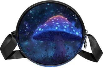 Generic Petit sac &agrave; bandouli&egrave;re rond pour femme, motif champignon bleu nuit, avec fermeture &eacute;clair, bretelles r&eacute;glables, sac &agrave; main rond d&eacute;contract&eacute; pour femm