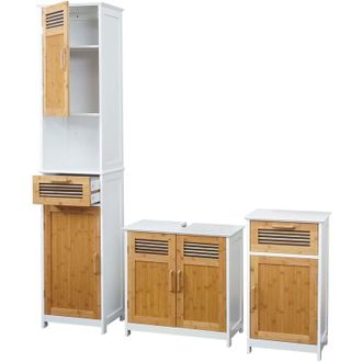 Hhg Set de salle de bains 145, armoire commode meuble sous-lavabo, bambou, blanc