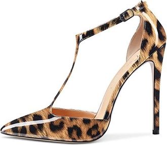 Castamere Femmes Haut High Aiguille Talon Heel Fermé Pointu Bout Escarpins T-Strap Lanières Cheville Sandales Clear Dress Mariage Chaussures Beige Léopard 38 EU