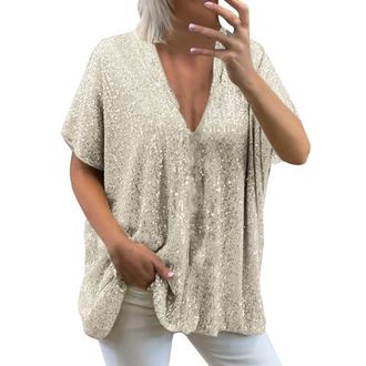 Generic Blouse Tops Brillantes Femmes Casual Haut Court Brillante &Agrave; Sequins Sweatshirt Chemise Top Manches Longues Oversize Tenues De Brillantes Clubbing Bal 