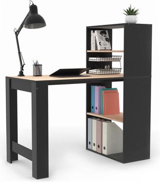 IDMarket Bureau bibliothèque ben avec étagères noir et façon hêtre