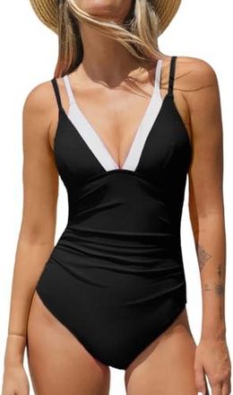 Cupshe Maillot de bain une pi&egrave;ce pour femme - Effet gainant - Col en V - Bretelles r&eacute;glables - D&eacute;coupe dans le dos - Couleurs contrast&eacute;es, noir/blanc, L