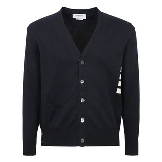 Thom Browne Homme, Pulls, Bleu, Taille: S Cardigan col V avec détails en gros-grain