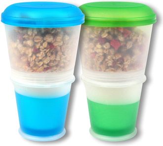 Schramm 2er Pack Joghurtbecher to go M&uuml;sli-to-Go M&uuml;slibecher mit integriertem K&uuml;hlfach und L&ouml;ffel M&uuml;slischale Joghurt Becher M&uuml;slibeh&auml;lter Joghurtbeh&auml;lter f&uuml;r