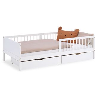 Homestyle4u Kinderbett 90x200 mit Rausfallschutz Schubladen Lattenrost Gr&uuml;n Bett Kinder Bodenbett Holzbett Kiefer Holz ausziehbar