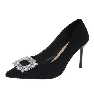 Generic Escarpins &agrave; talons hauts en velours et strass pour femme avec boucle et bout pointu, Noir, 40.5 EU