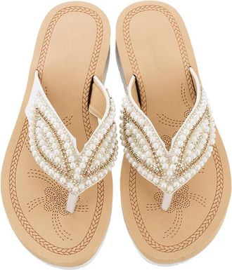 Minetom Damen Sommer Glitzer Perlen Sandalen Flip Flops Strand Flach T-Strap Zehentrenner Frauen Sommerschuhe rutschfeste Bequeme Pantoffeln Hausschuhe A Weiß