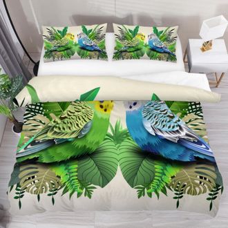 Generic Bettwäsche-Set für Einzelbett, grüne und blaue Wellensittiche, Papageien in Blättern, weicher Tencel-Bettbezug, Bettwäsche-Set für Kinder, Jungen, Mäd