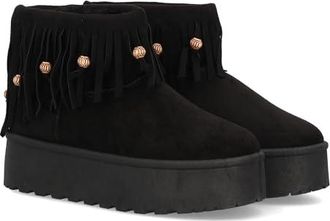 Shoes & Blues Bottines plates pour femme avec plateforme, style australien, doubl&eacute;es de poils, cana d&eacute;cor&eacute;es avec de longues franges et perles, bout rond sans ferme