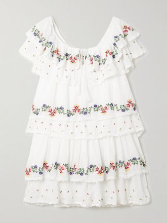 Rixo Mini-robe En Voile De Coton &Agrave; Broderies Et &Agrave; Volants Leilani - Cr&egrave;me