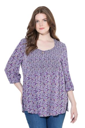 Ulla Popken Damen gro&szlig;e Gr&ouml;&szlig;en &Uuml;bergr&ouml;&szlig;en Plus Size Smokbluse, Bl&uuml;ten, A-Linie, Rundhals, 3/4-Arm Lavendel 46+ 840885814-46+