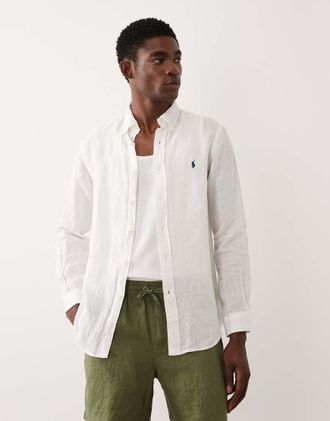 Polo Ralph Lauren Chemise manches courtes en lin &agrave; logo embl&eacute;matique - Blanc