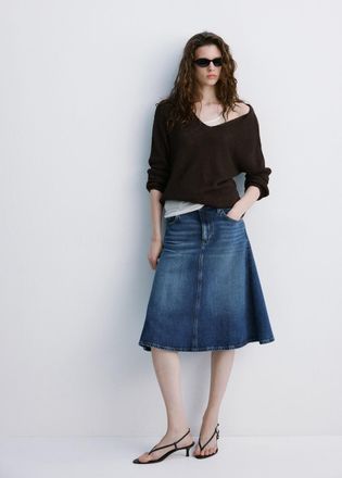 Mango Pull-over maille ajour&eacute;e col V chocolat - Femme - XXS - MANGO